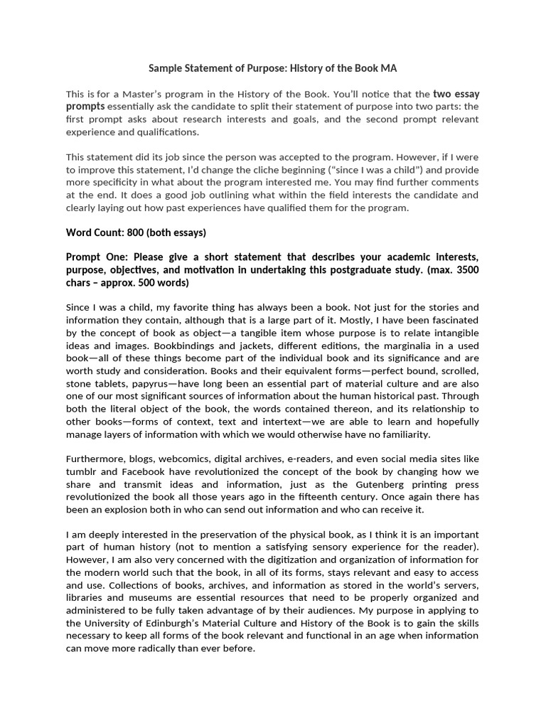 Statement of Purpose Sample Two History of The Book MA With Commentary ...