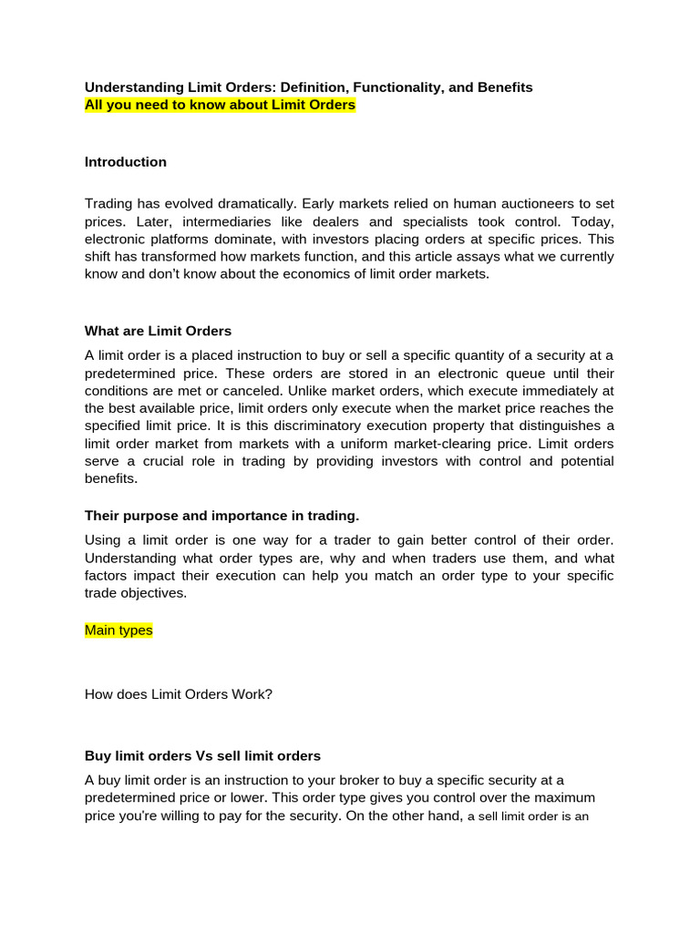 Understanding Limit Orders - Definition, Functionality, and Benefits | PDF