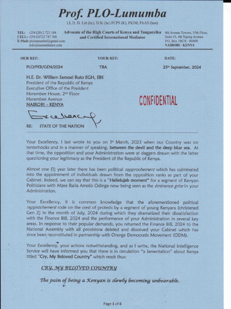 Letter To H.E. The President of The Republic of Kenya - Re State of The ...