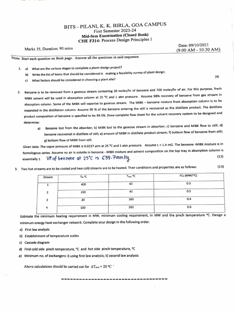 CHE F314 Midsem 2023-24 | PDF
