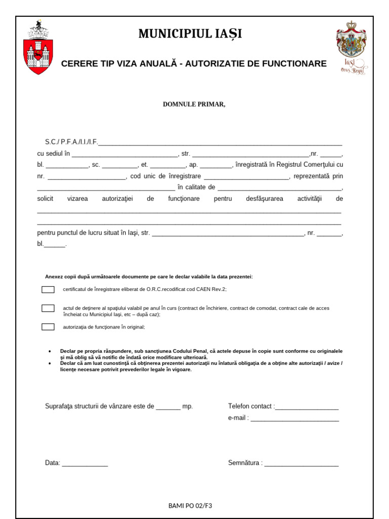 Cerere Tip - Viza Anuala Autorizatie de Functionare | PDF