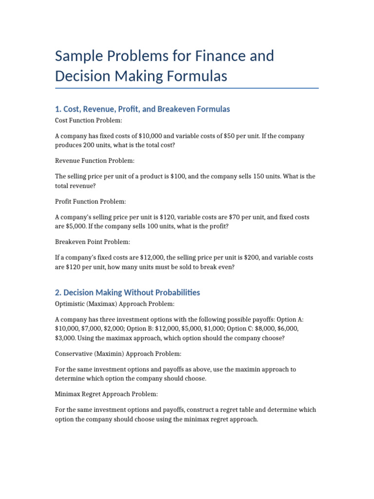 Sample Problems Finance Decision Making | PDF