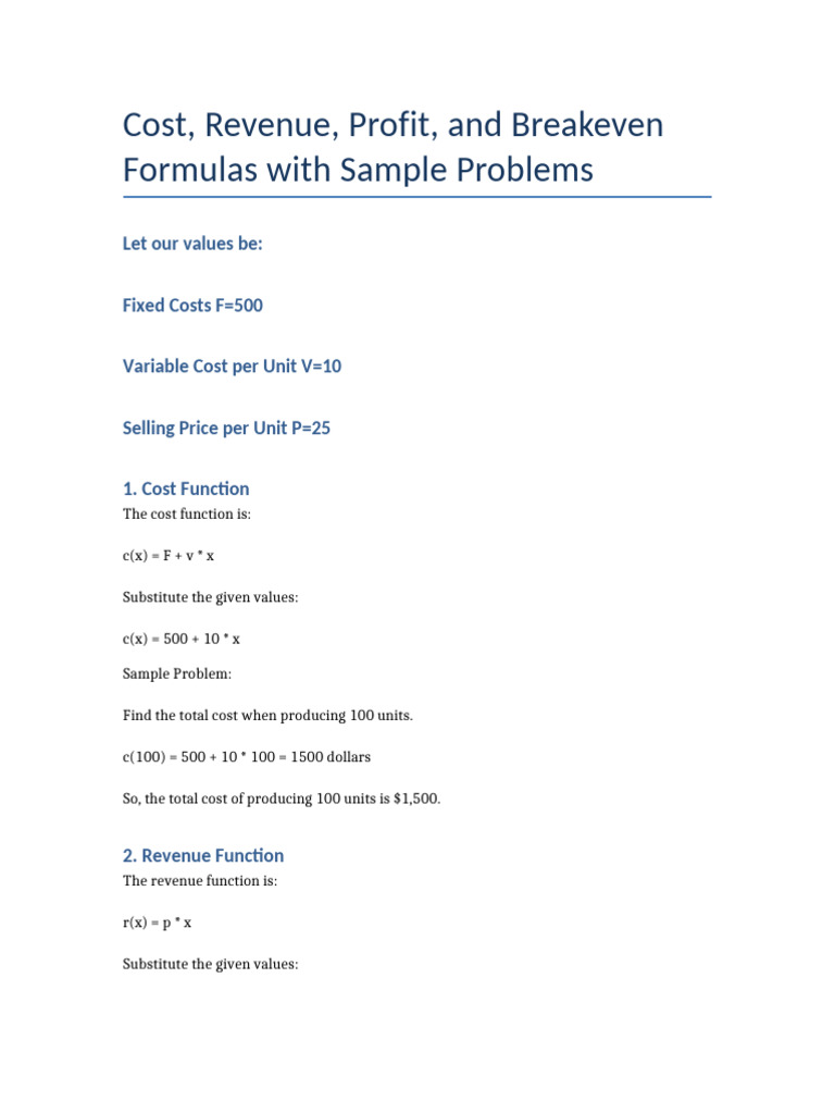 Cost Revenue Profit Breakeven Formulas With Samples | PDF