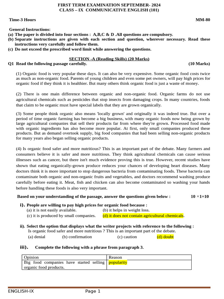 Communicative - English-Ix First Term Answer Key | PDF