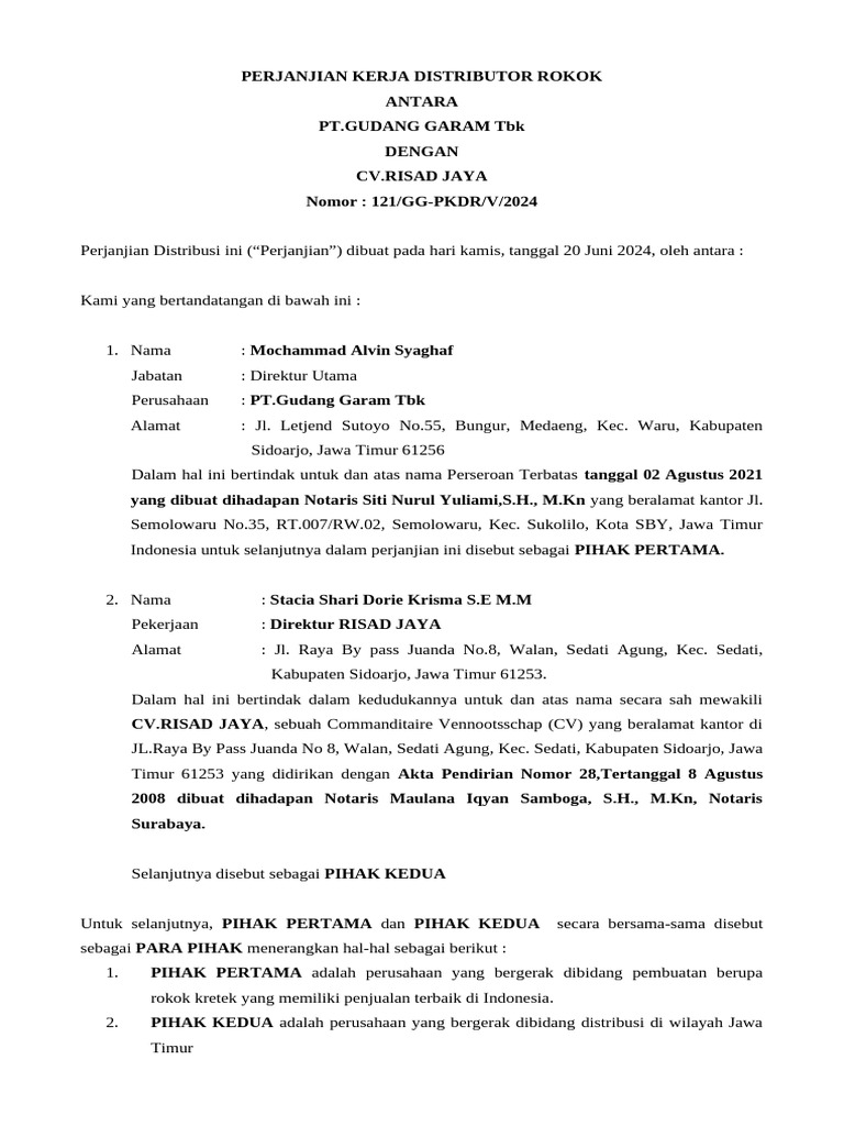 Kontrak Distributor Gudang Garam Bu Dwi 2 | PDF