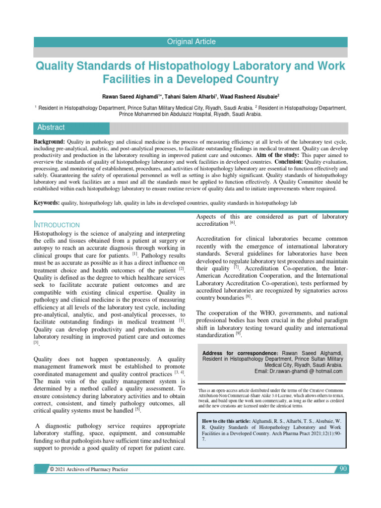 Quality Standards of Histopathology Laboratory and Work Facilities in A ...