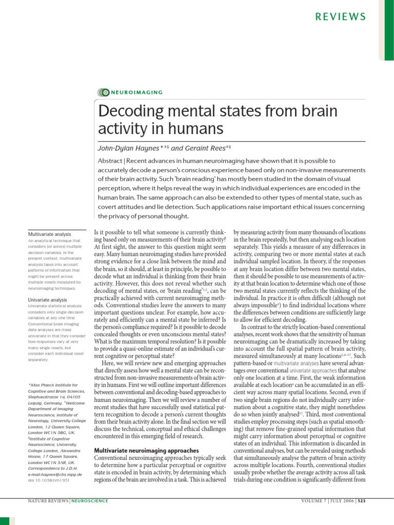 John-Dylan Haynes and Geraint Rees - Decoding Mental States From Brain ...