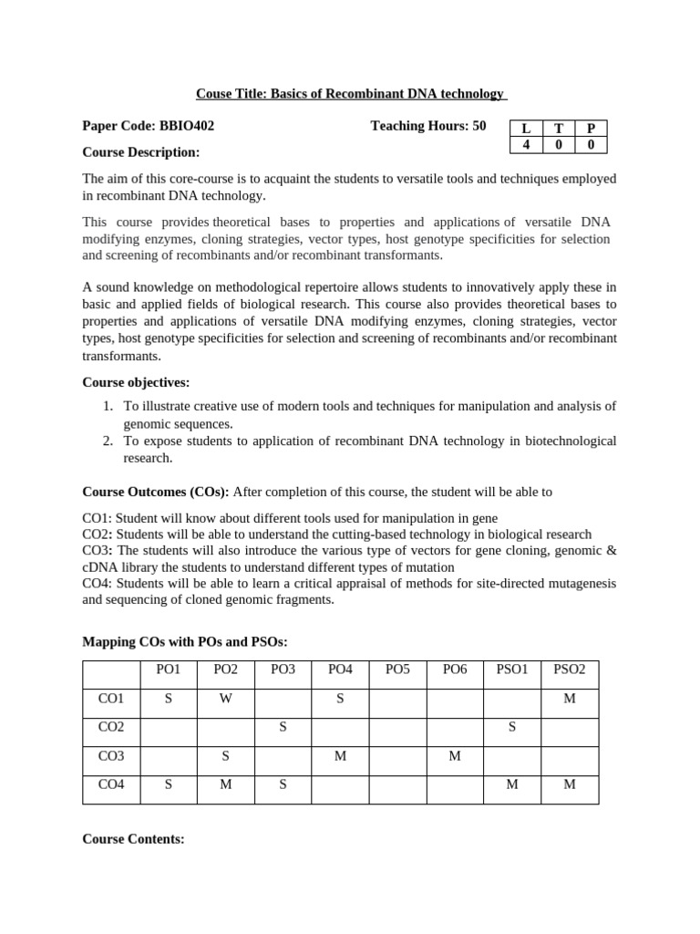 Couse Title: Basics of Recombinant DNA Technology Paper Code: BBIO402 ...