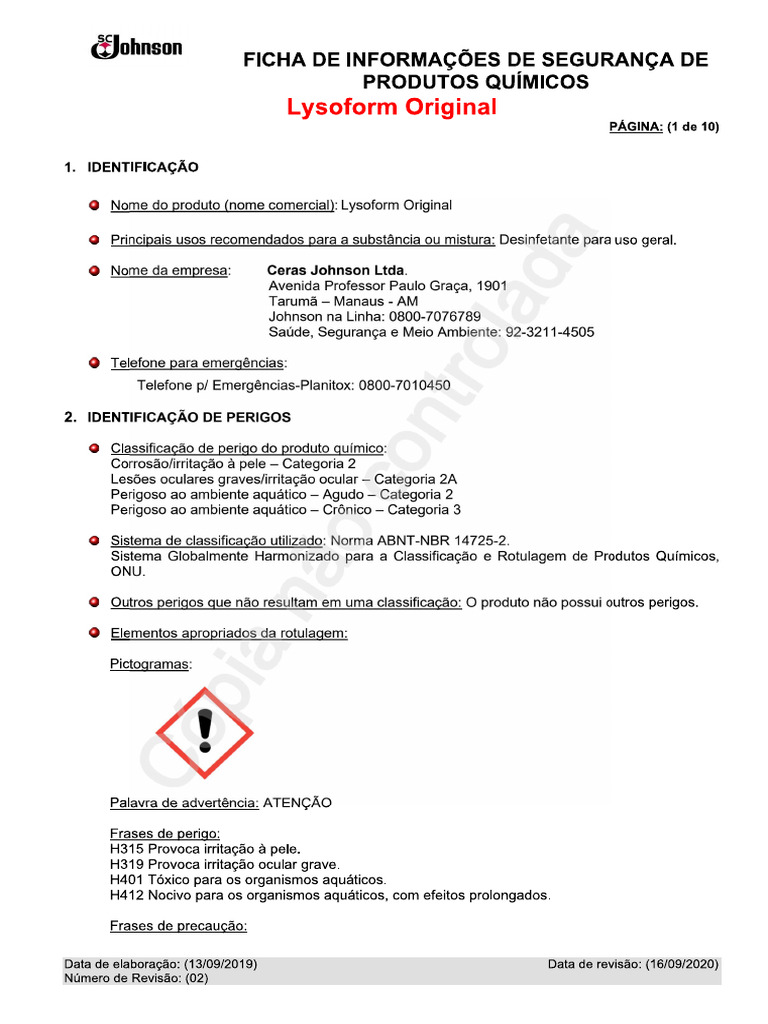 FISPQ - Lysoform Original | PDF