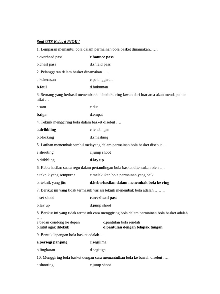 Soal UTS Kelas 6 PJOK Semester 1 | PDF