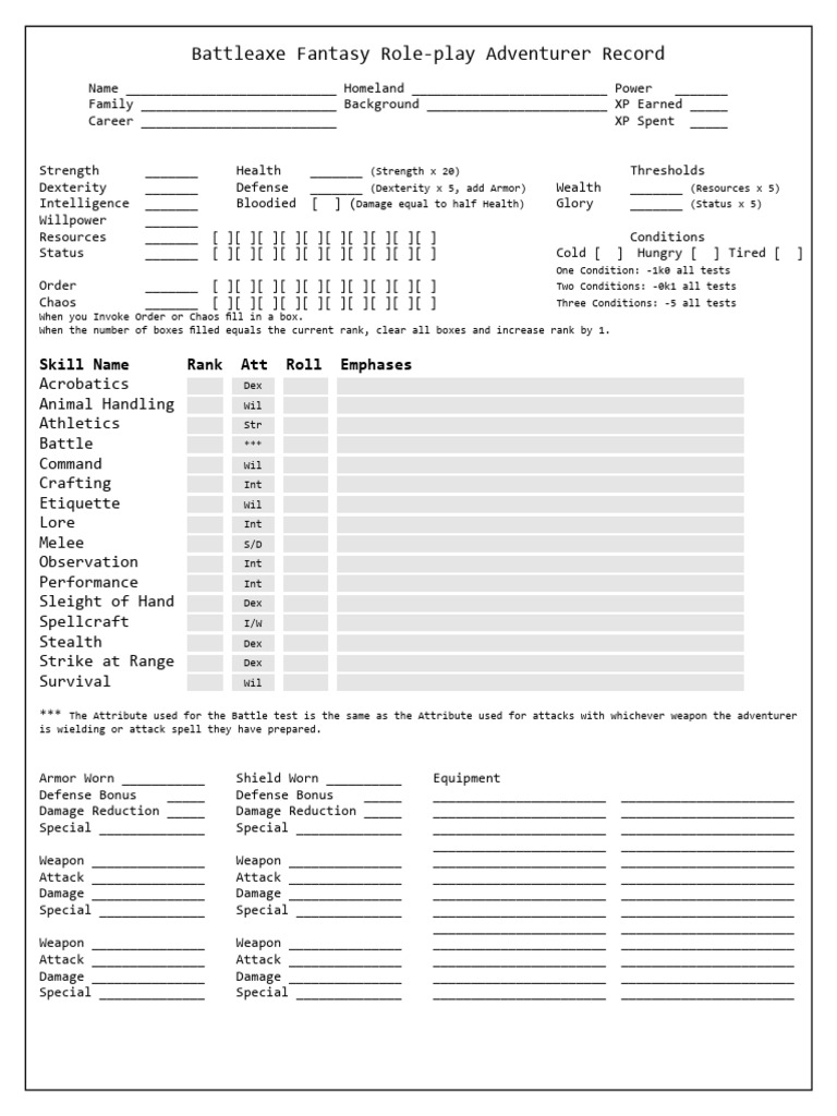 Battleaxe Fantasy Role Play Adventurer Record May 15 TH | PDF