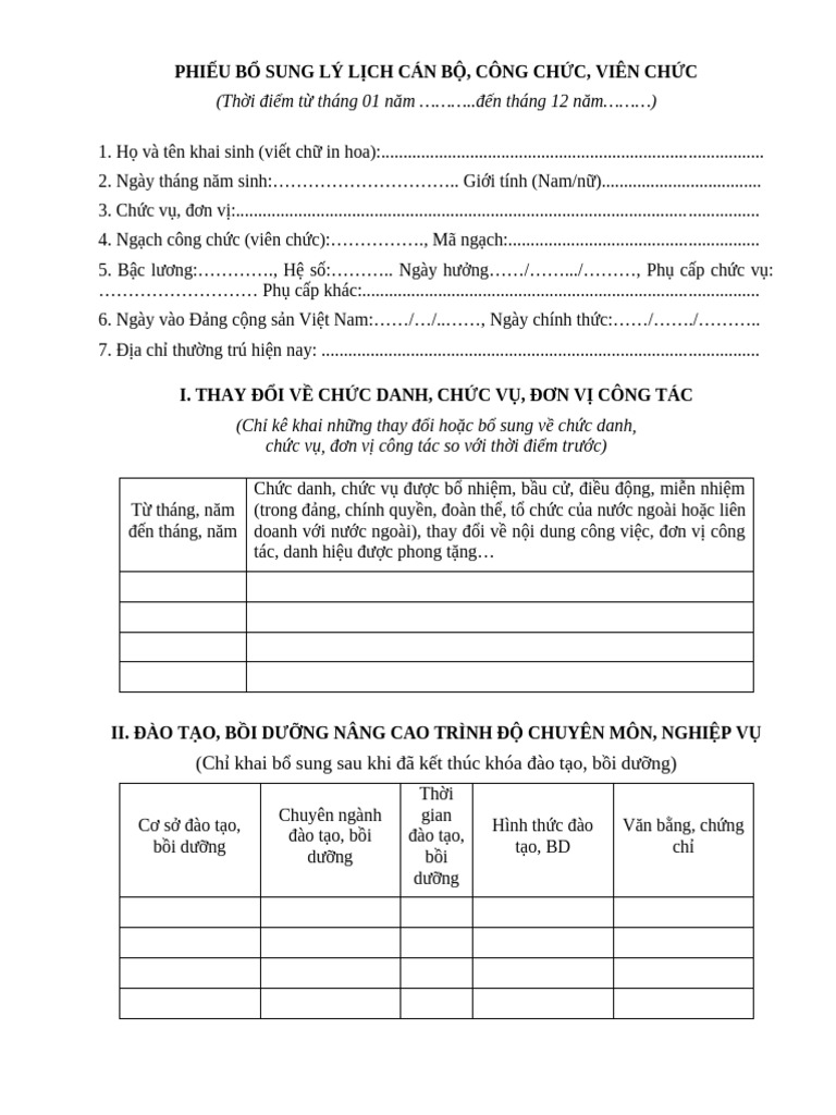 Phieu Bo Sung Ly Lich | PDF