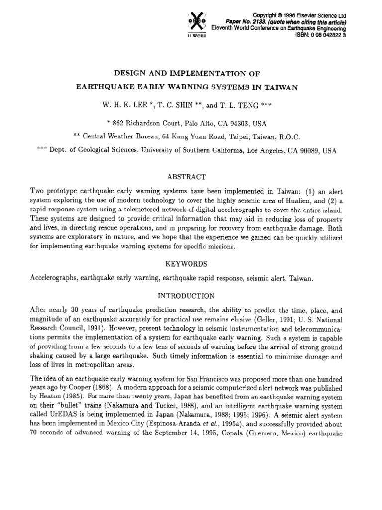 Design and Implementation Eews-Taiwan-1996 | PDF