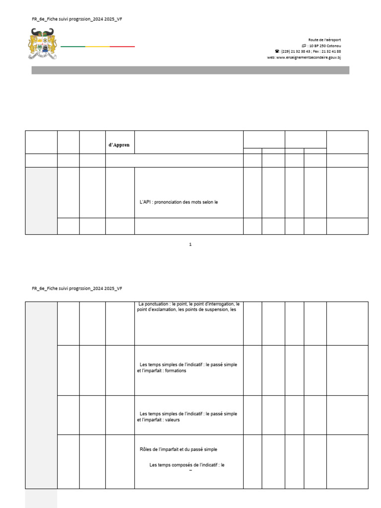 1 FR 6e Fiche Suivi Progrssion 2024 2025 VF | PDF