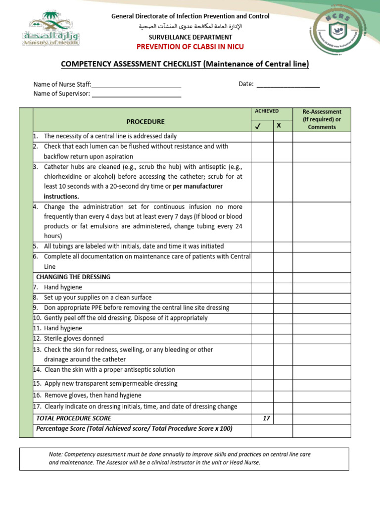 Competency Assessment Checklist (Maintenance of Central Line) | PDF