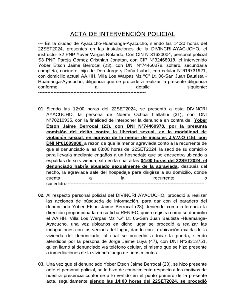 Acta de Intervención Policial Warpas | PDF