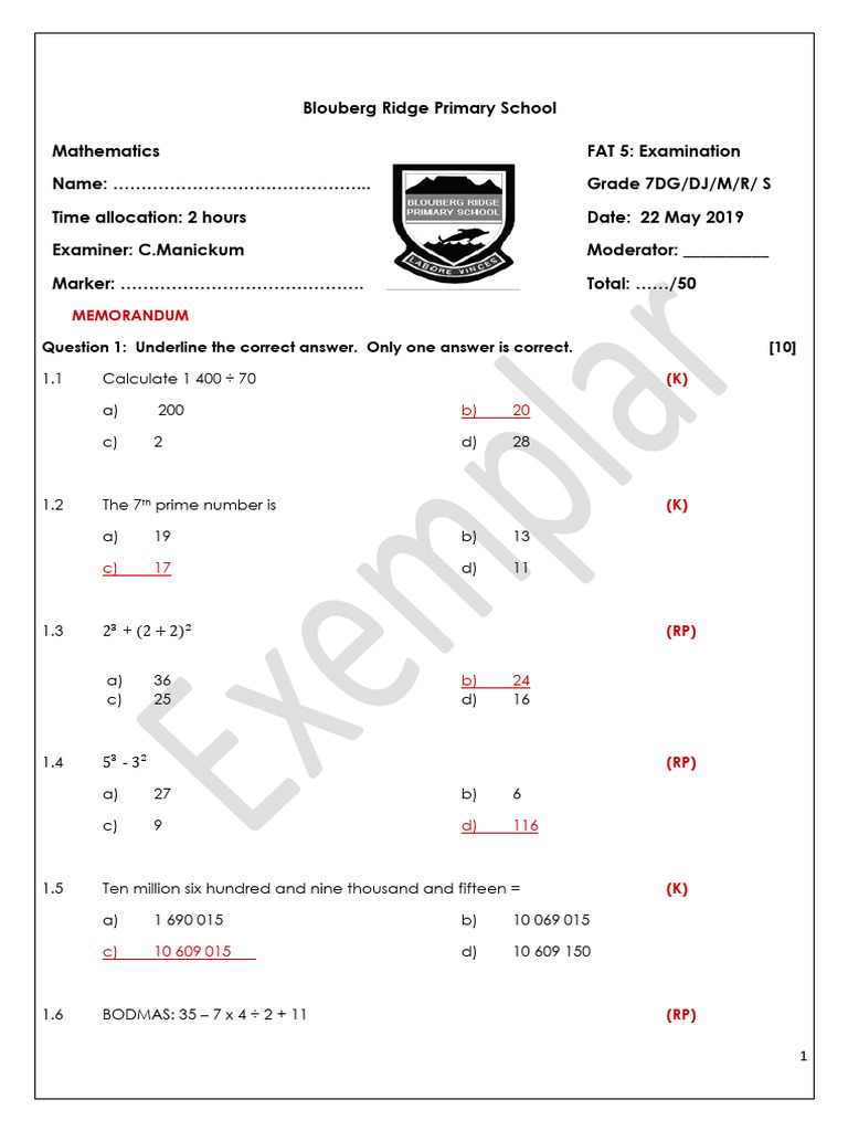 Grade 7 Mathematics Paper 1 June 2019 Marking Guidline | PDF ...