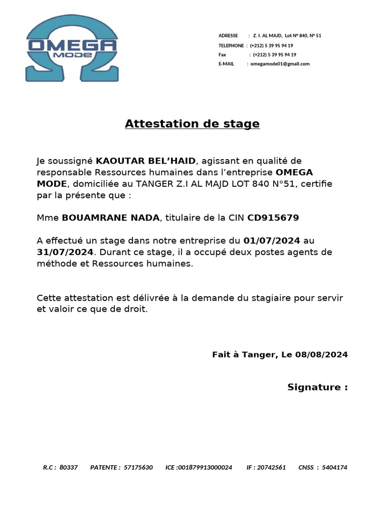 Modele Attestation Stage Belgique | PDF