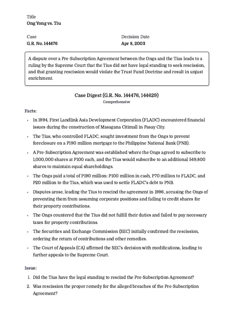 Ong Yong vs. Tiu | PDF