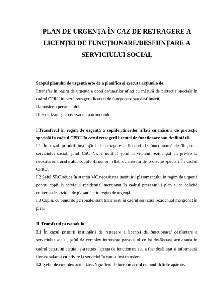 Plan de Urgența În Caz de Retragere A Licenței de Funcționare | PDF