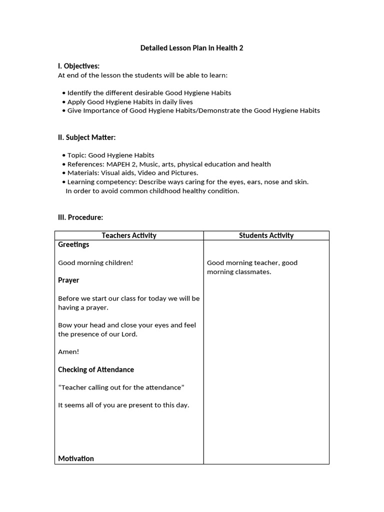 Detailed Lesson Plan 1 | PDF | Hygiene | Career & Growth