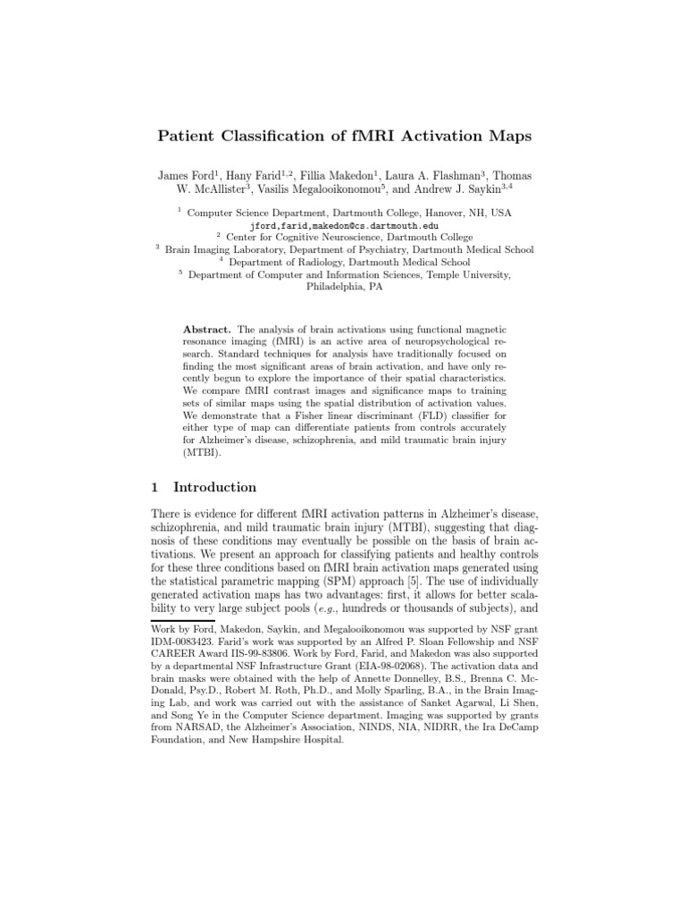 James Ford Et Al - Patient Classi Cation of fMRI Activation Maps | PDF ...