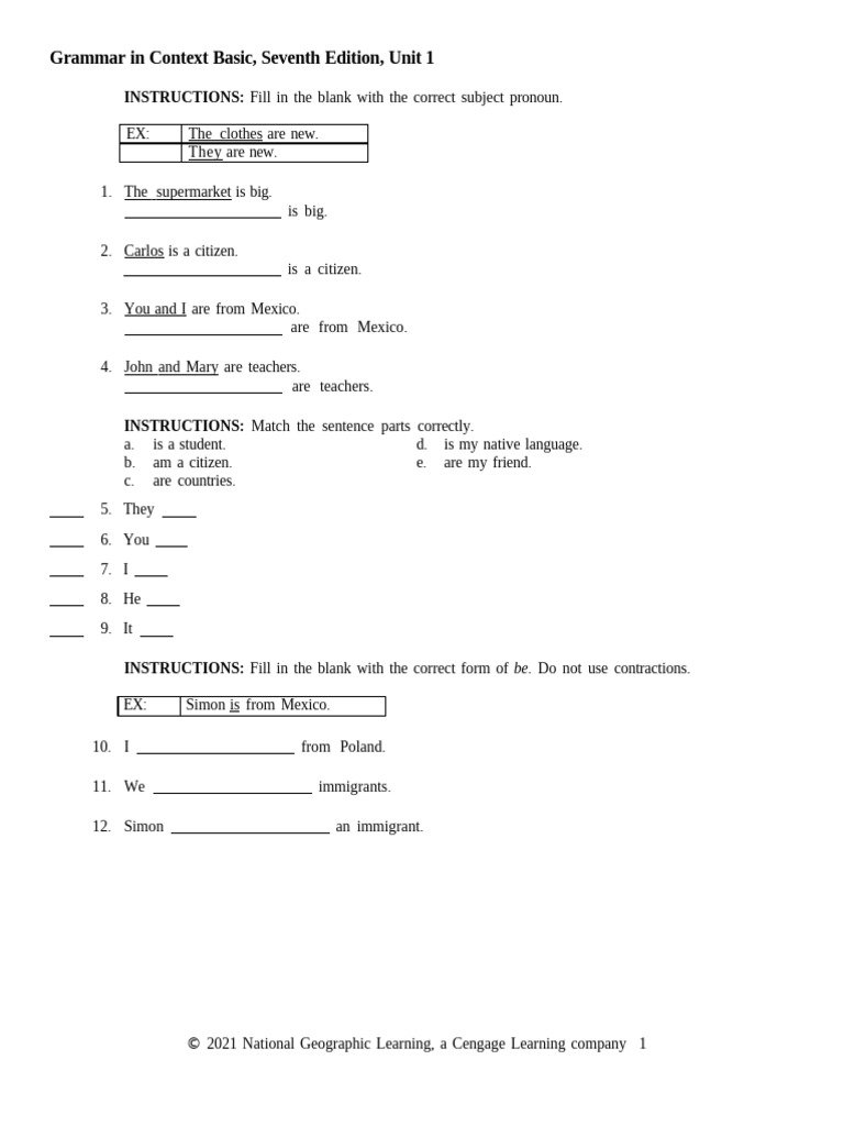 Grammar in Context Basic Unit 1 Revision | PDF