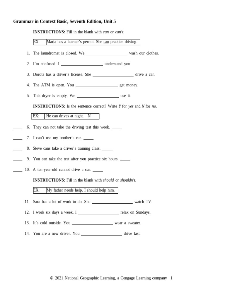 Grammar in Context Basic Unit 5 Revision | PDF