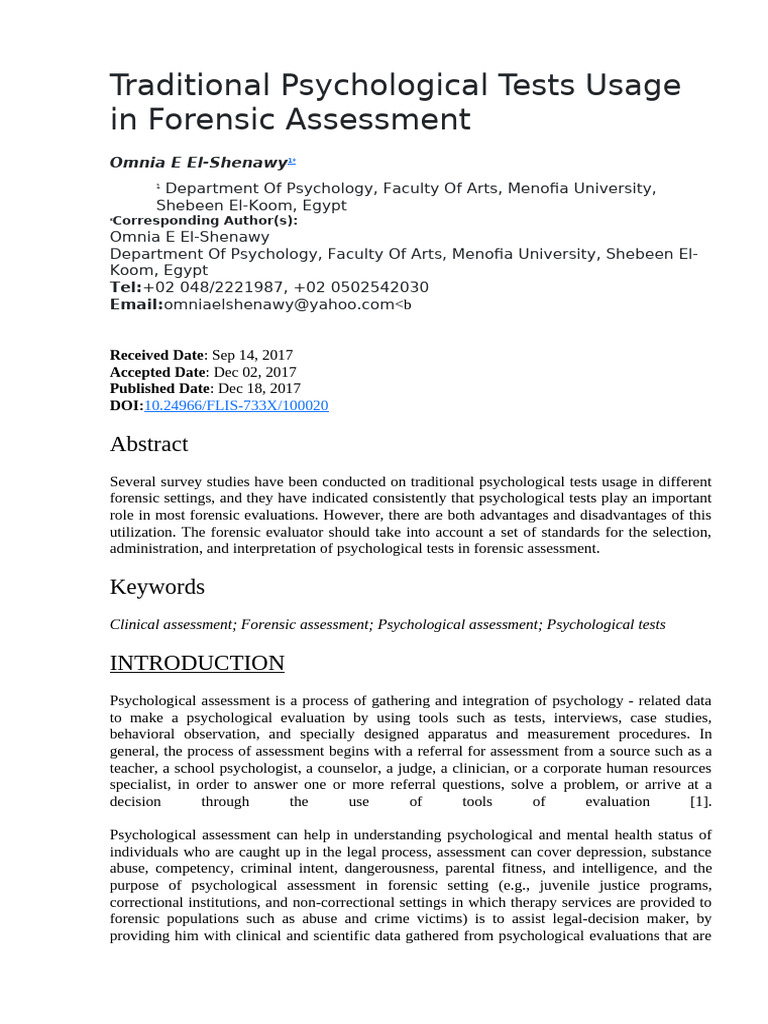 Traditional Psychological Tests Usage in Forensic Assessment | PDF