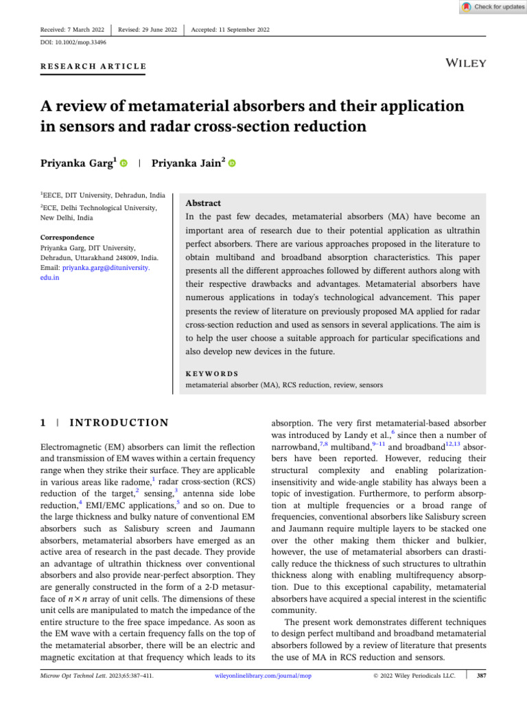 A Review of Metamaterial Absorbers and Their Application in Sensors and Radar Cross-Section ...