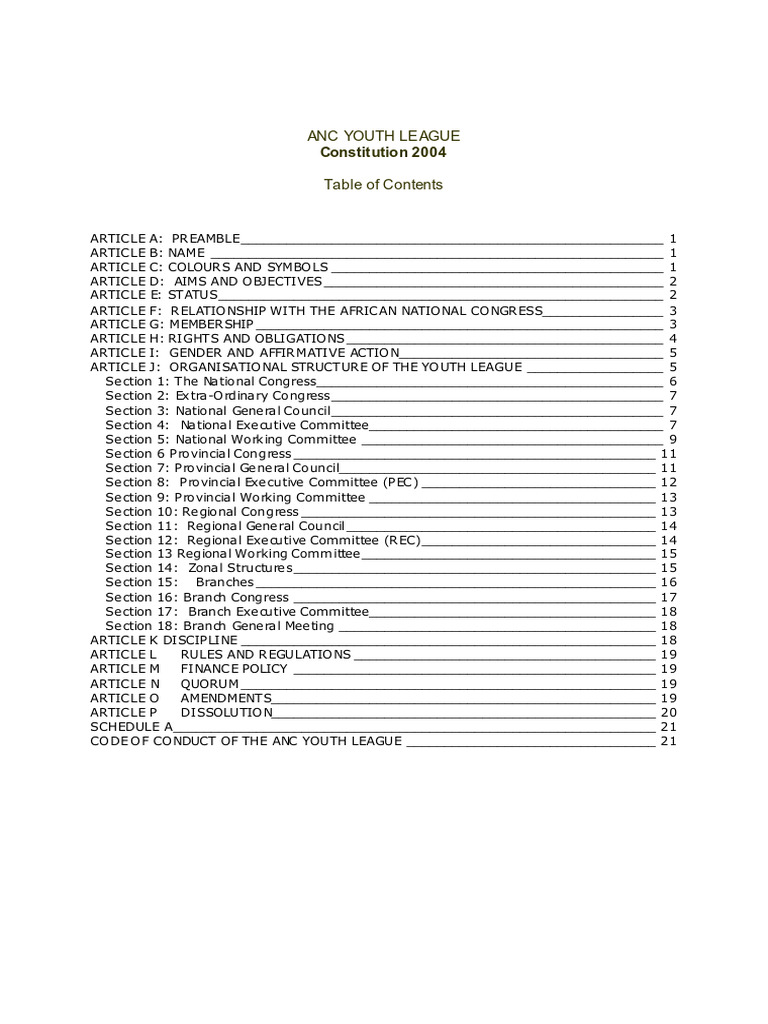 ANC Youth League Constitution 2004 | PDF