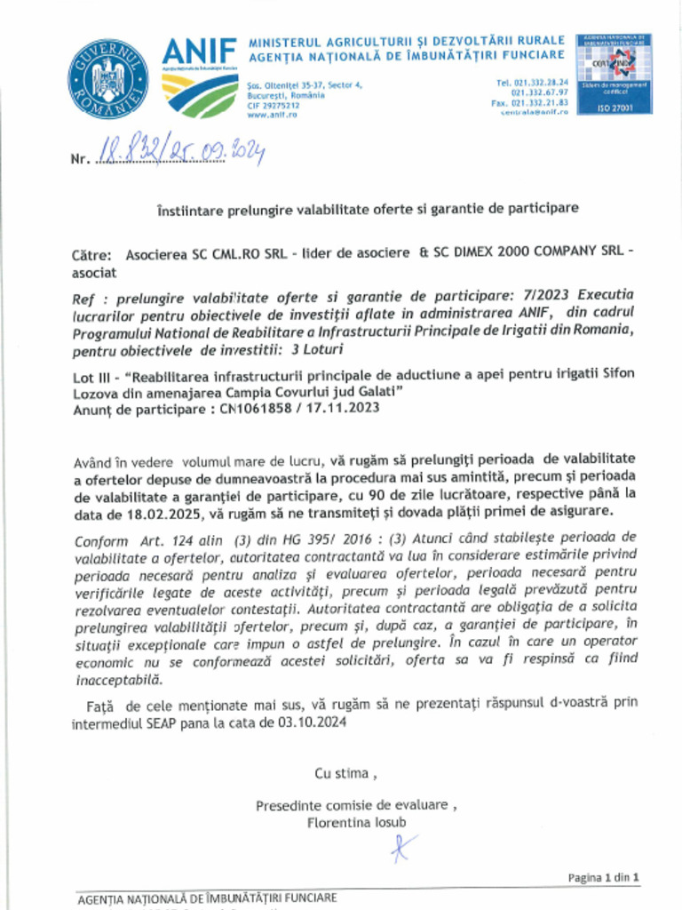 Instiintare Prelungire Oferta Si Garantie Participare | PDF