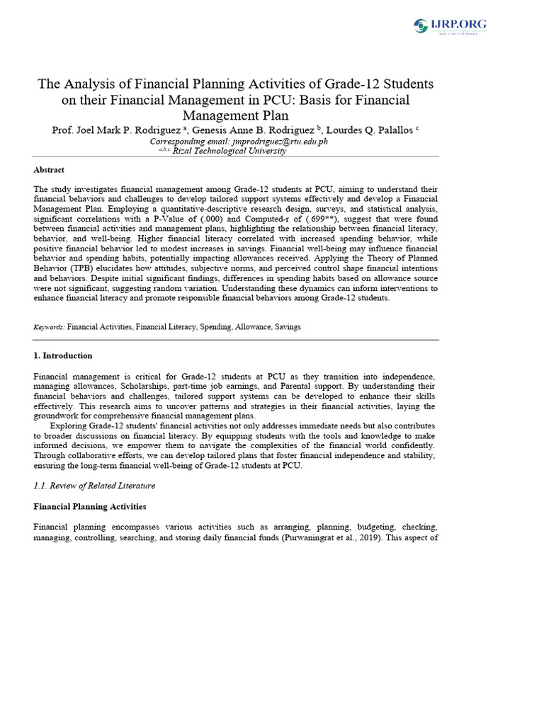 The Analysis of Financial Planning Activities of Grade-12 Students On ...