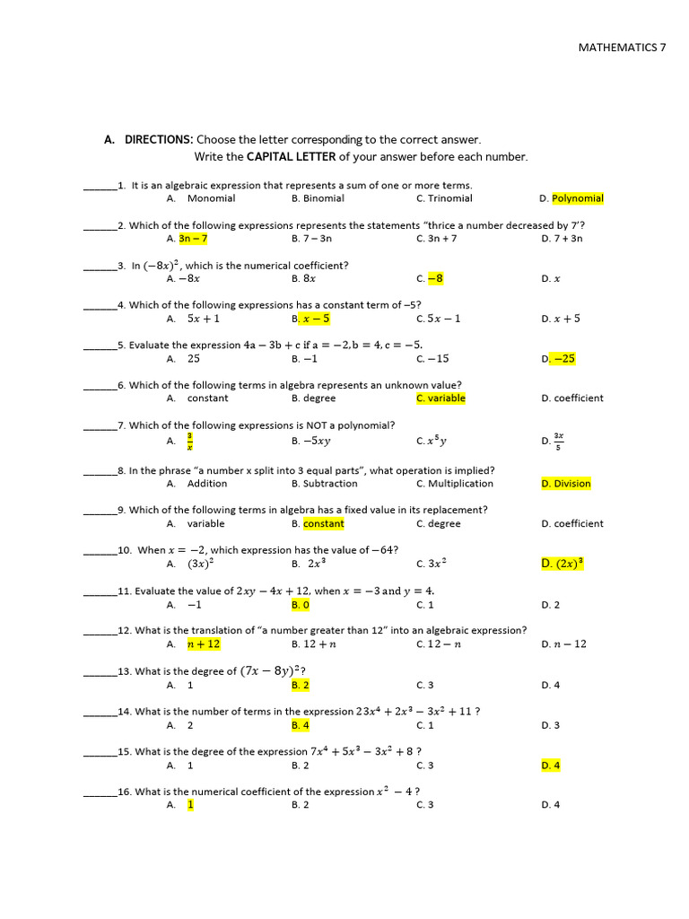 Unit Test On Algebraic Expressions and Evaluation | PDF