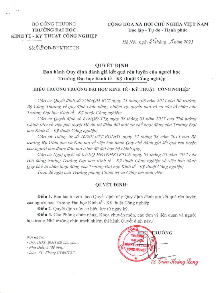 QD 848 Quy Dinh Danh Gia Ket Qua Ren Luyen | PDF