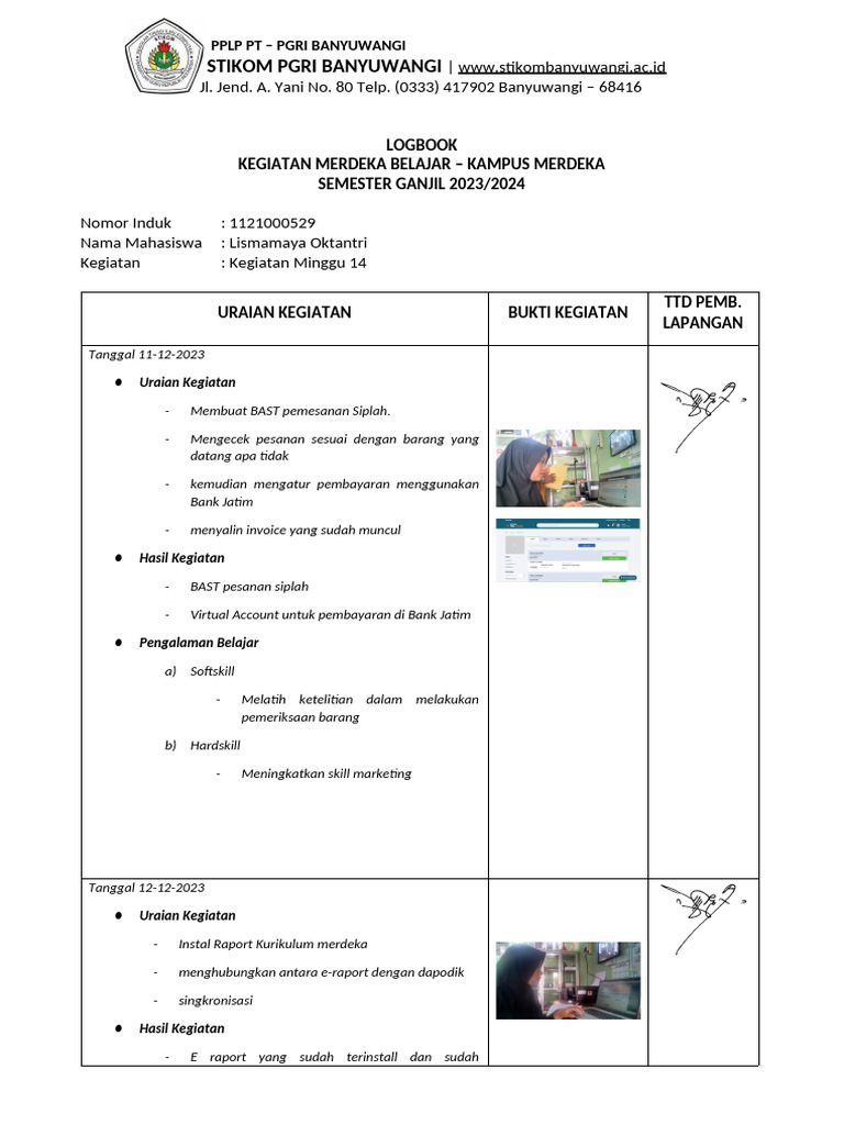 Logbook MBKM Minggu 14-1121000529-Lismamaya Oktantri (2023-2024 Ganjil) | PDF