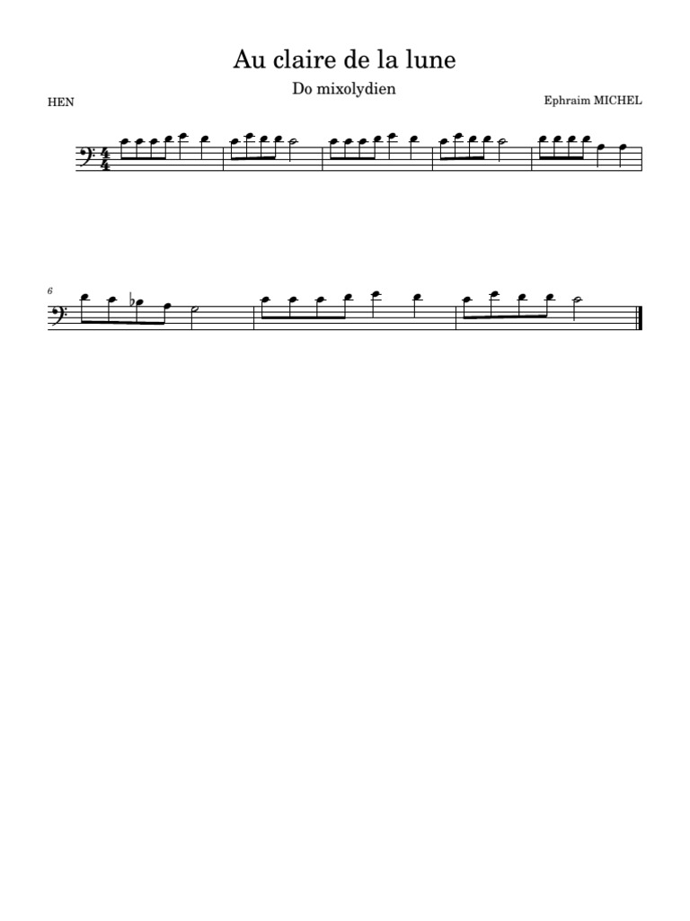 Au Claire de La Lune Do Mixolydien | PDF