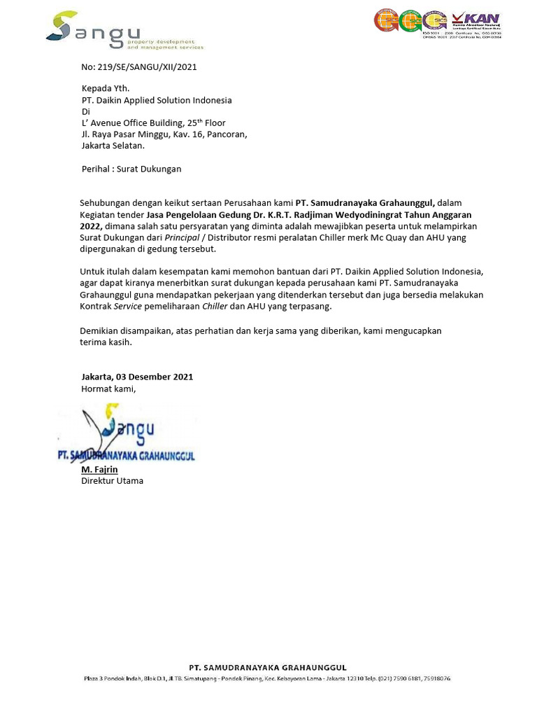 Permintaan Surat Dukungan (PT - SANGU) | PDF