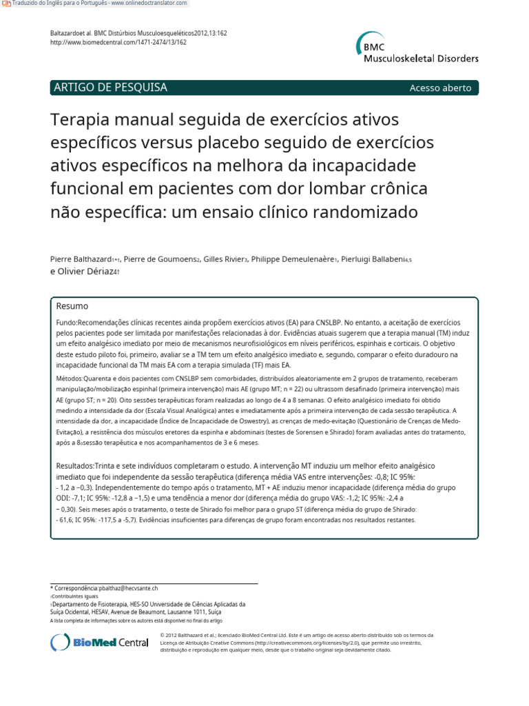 Terapia Manual Seguida de Exercícios Ativos Específicos Versus Placebo ...