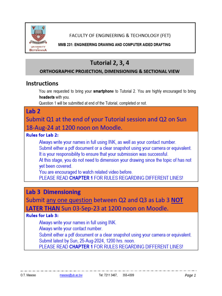 2024 Tutorial 2, 3 & 4 and LAB 2 & 3 Orthographic, Dimensioning & Sectional View | PDF | Geometry