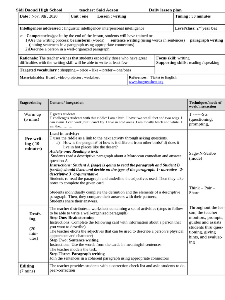 Abouhou.com Writing Lesson Plan 2 Lesson Plan | PDF