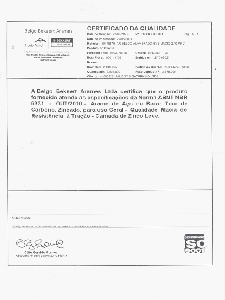 Certificado de Qualidade - Arame 14 | PDF