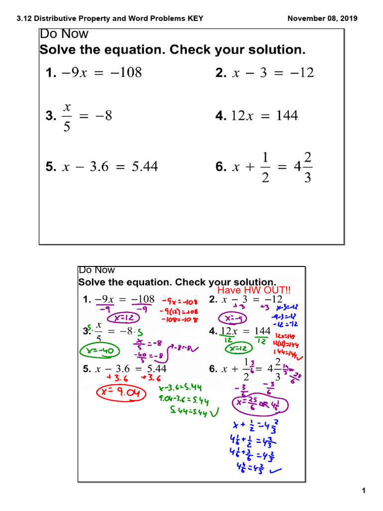 3_12 Distributive Property and Word Problems KEY | PDF