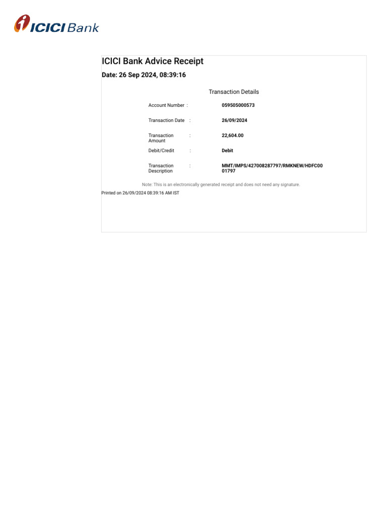 ICICI Bank Advice Receipt: Date: 26 Sep 2024, 08:39:16 | PDF