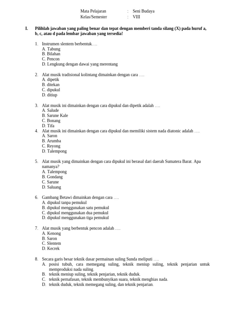 Soal&kj Pat SBD Kelas 8 MTS SN Dhuha | PDF