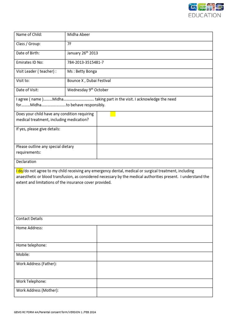 Parental Consent Form POLRM002 - FORM4A-1 | PDF
