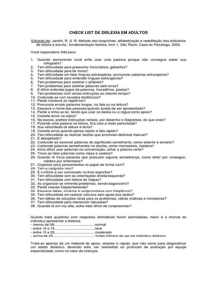 ADC Checklist de Dislexia Com Ponderação | PDF