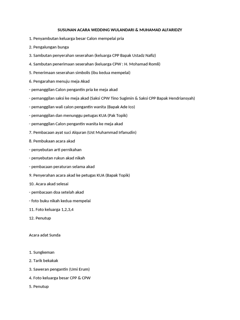 Rundown Acara Wedding Wulan & Alfaridzy | PDF