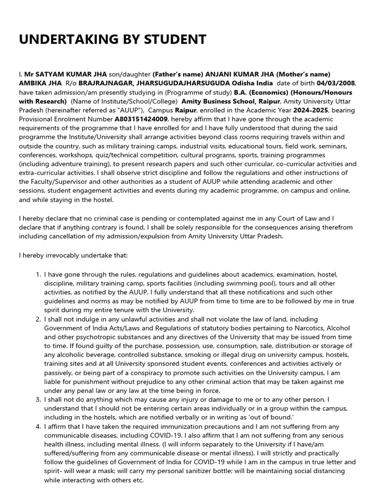 Online Submission of Undertaking by Student | PDF
