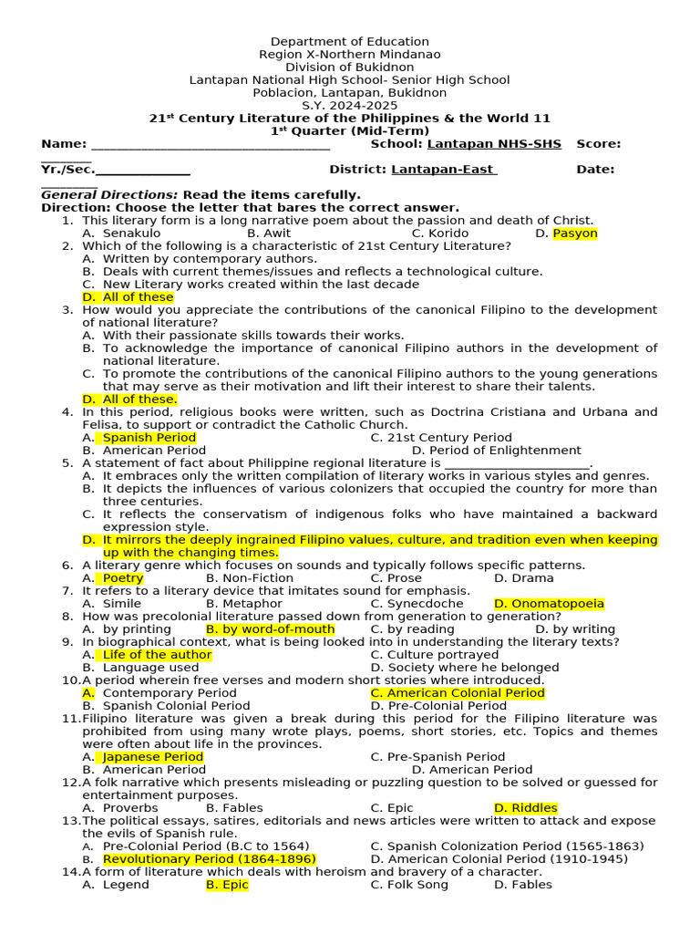 Answer Key Midterm Final | PDF